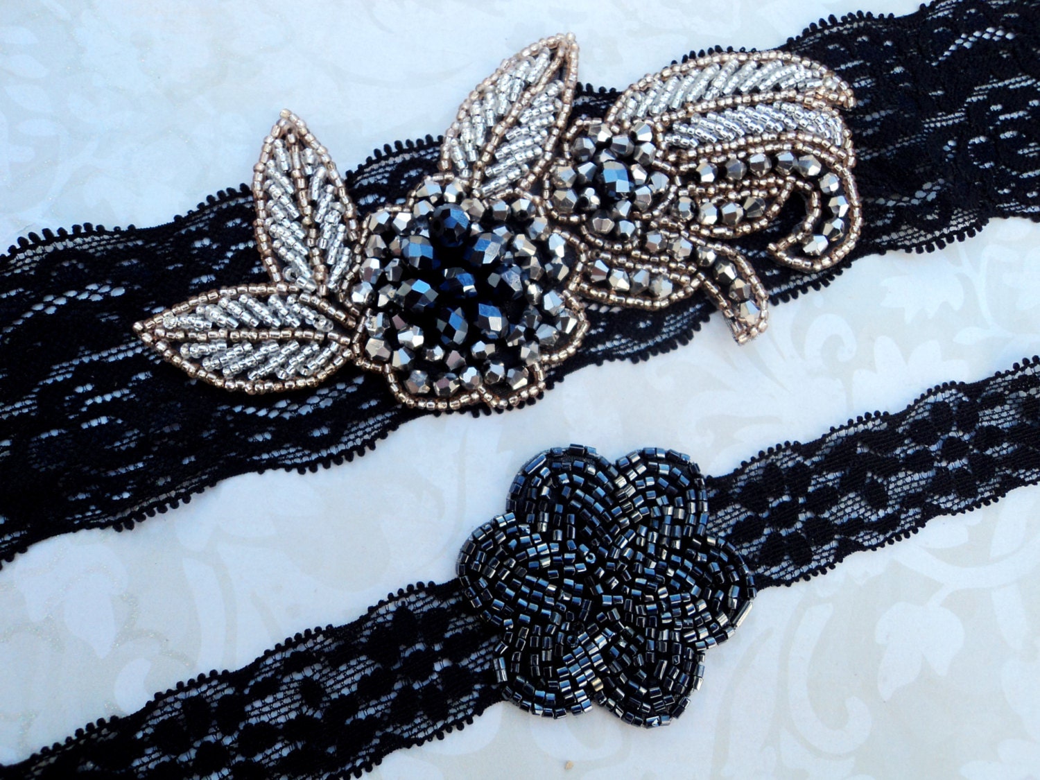 Bridal Garter Set Vintage Inspired Black Lace Garter w/ | Etsy