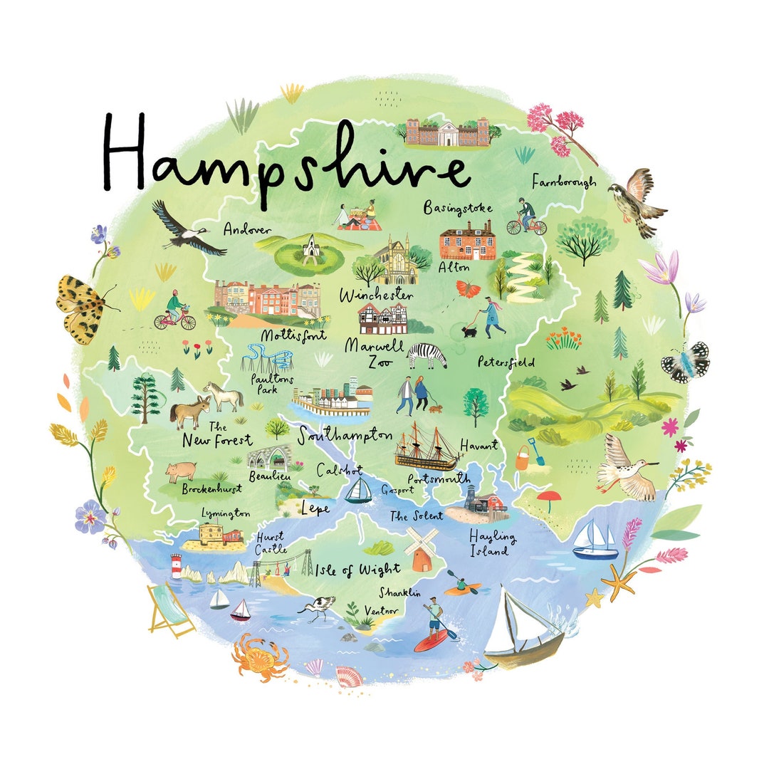 Hampshire UK Map | Illustrated Map of Hampshire | Wall Art Hampshire ...