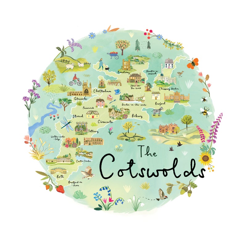 The Cotswolds Map | Illustrated Map of the Cotswolds | Wall Art the ...