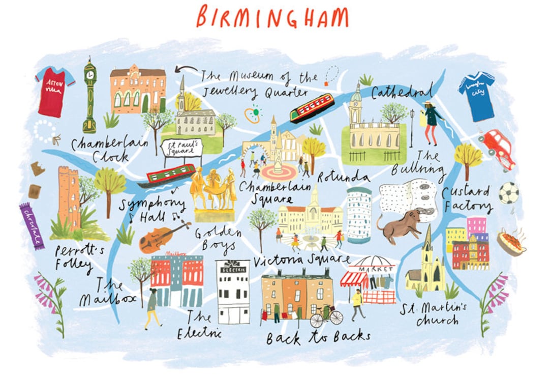 Birmingham UK Map | Illustrated Map of Birmingham | Wall Art Birmingham ...