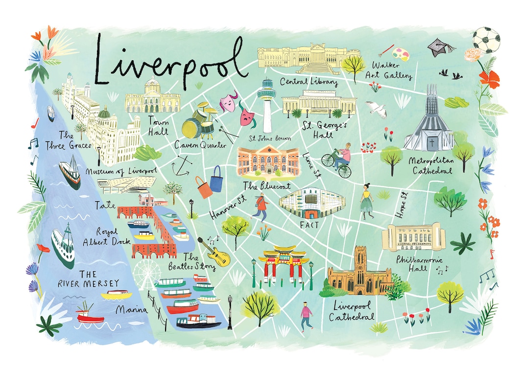 Liverpool Map | Illustrated Map of Liverpool UK | Wall Art Liverpool ...