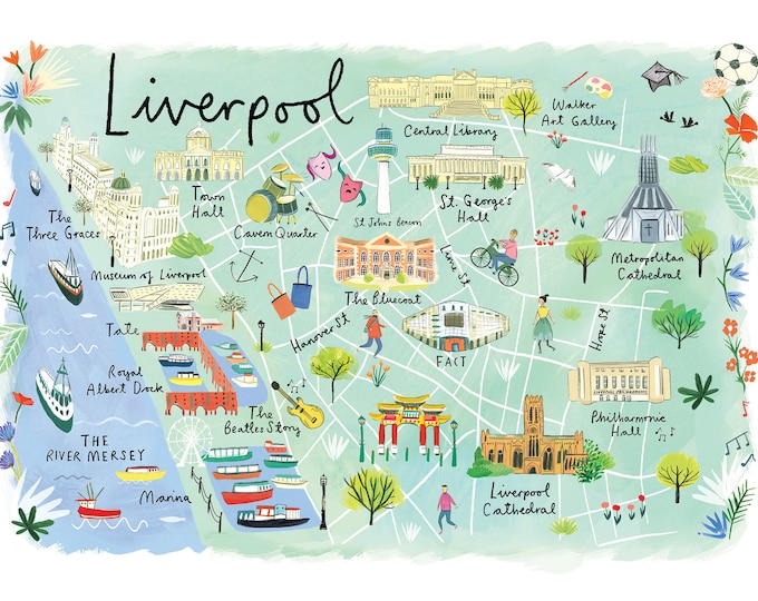 Liverpool Map | Illustrated Map of Liverpool UK | Wall Art Liverpool ...