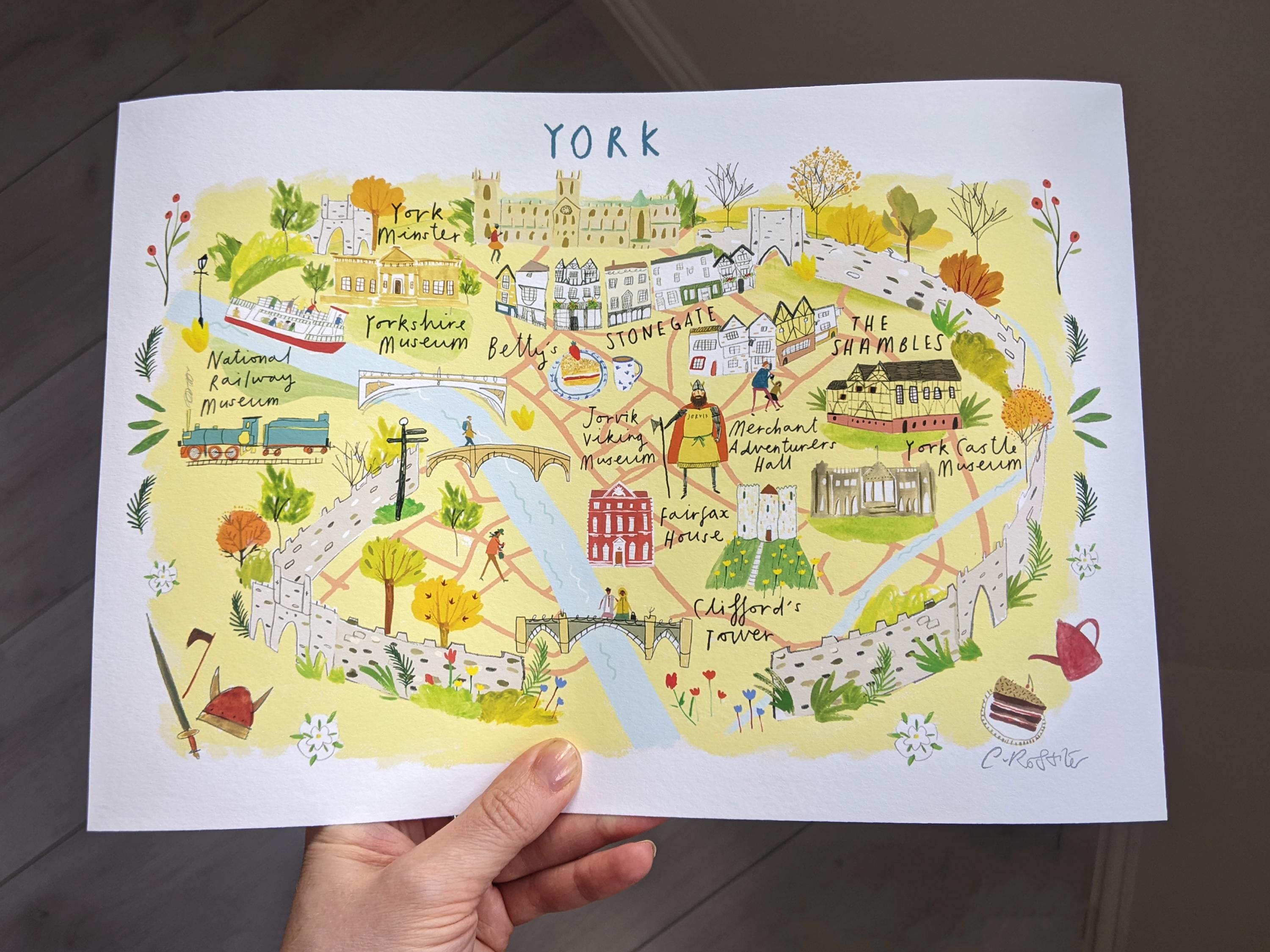 York Map | Illustrated Map of York| Wall Art York | York Painting ...