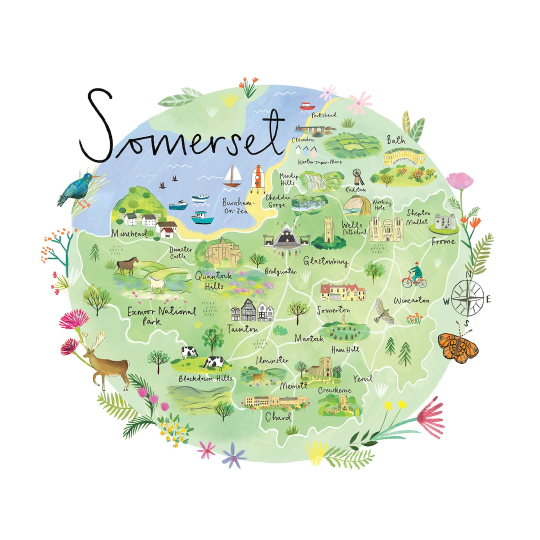 Somerset Map | Illustrated Map of Somerset | Wall Art Somerset ...