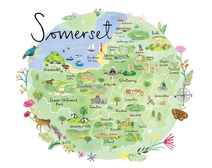 Somerset Map | Illustrated Map of Somerset | Wall Art Somerset ...