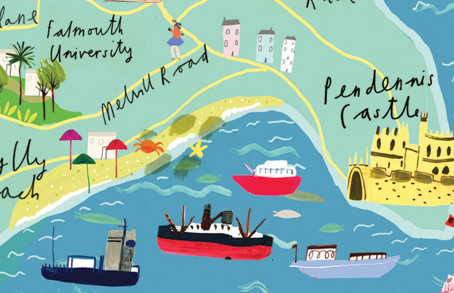 Falmouth, Cornwall Map | Illustrated Map of Falmouth | Wall Art ...