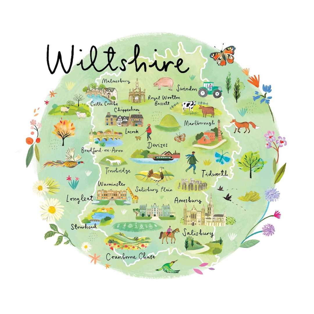 Wiltshire Map | Illustrated Map of Wiltshire| Wall Art Wiltshire ...