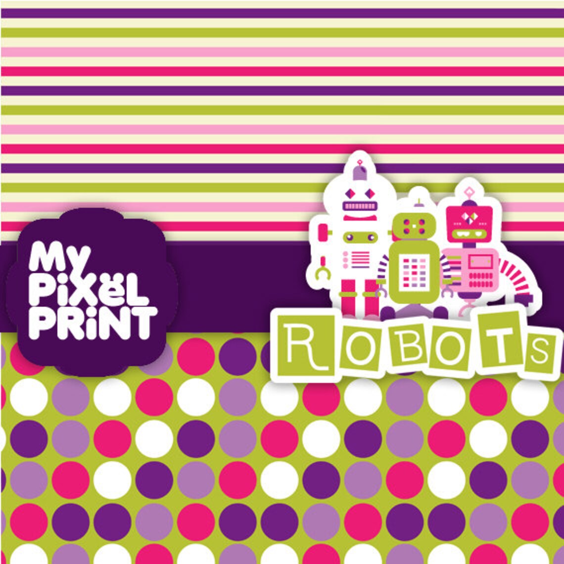 Robots Pink Violet Green Kids Digital Scrapbooking Paper - Etsy