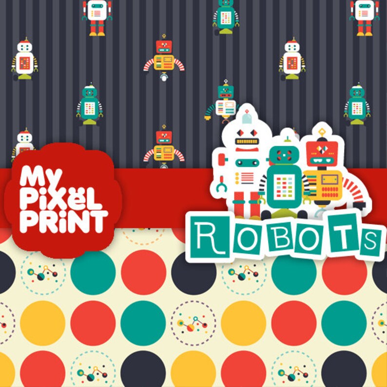 Robots - Blue Yellow Red - Kids - Digital Scrapbooking Paper Pack - My ...