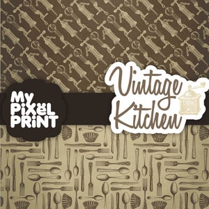 Vintage Kitcken Brown and Beige Cooking Utensils Pots Pans Cutlery Wine ...