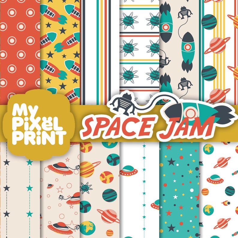 Space Jam - Red Yellow Blue Teal - Astronaut Spaceship Stars Galaxy ...