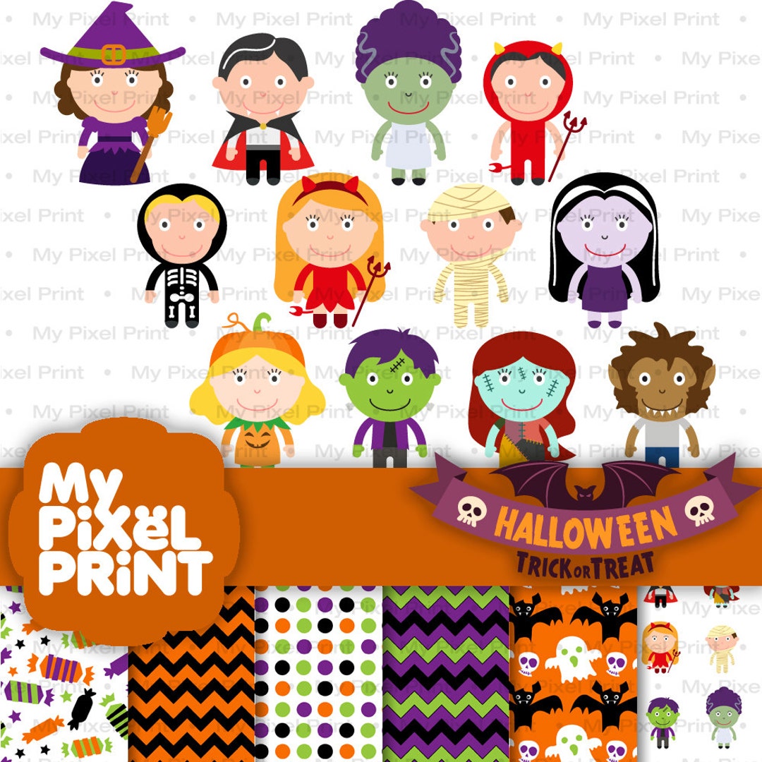 Cute Halloween Digital Clipart, Witch, Dracula, Frankenstein, Mummy ...