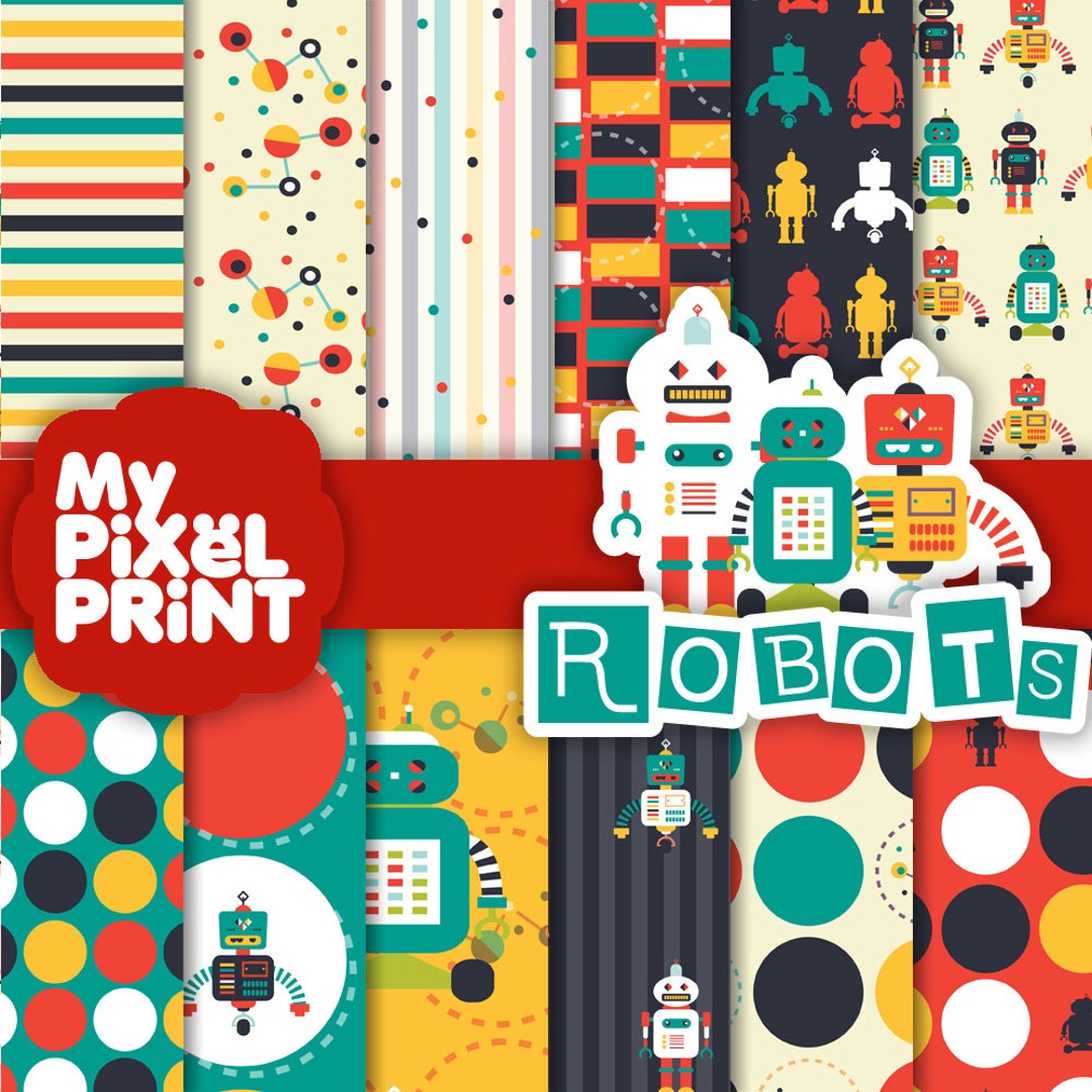 Robots - Blue Yellow Red - Kids - Digital Scrapbooking Paper Pack - My ...