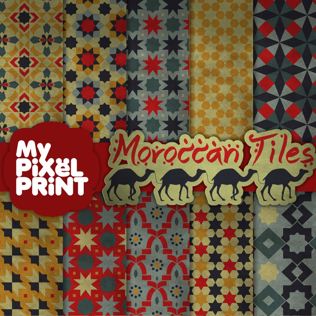 Moroccan Tiles Red Blue Yellow Arabic Patterns Exotic Travels Digital ...
