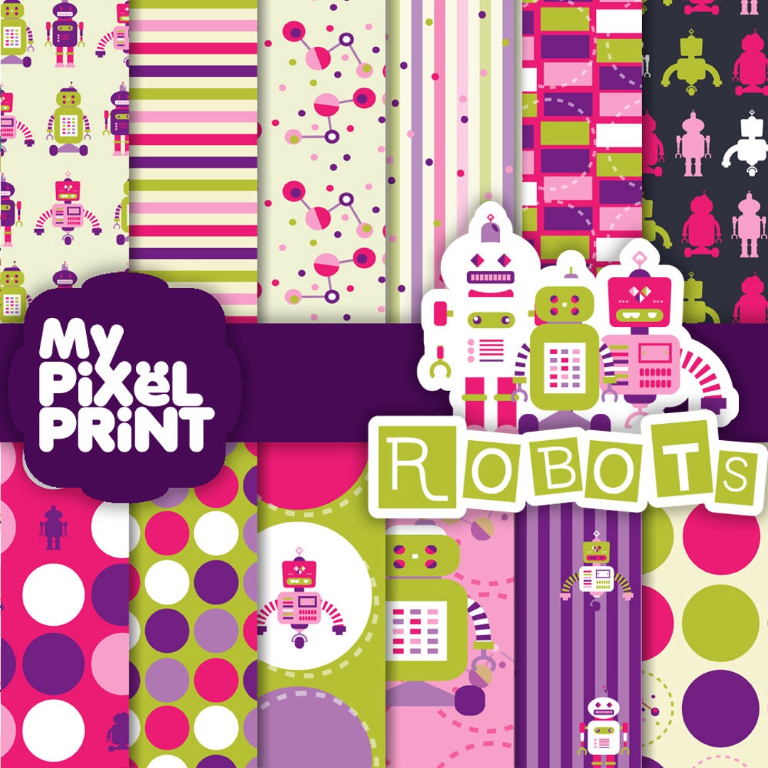 Robots Pink Violet Green Kids Digital Scrapbooking Paper - Etsy