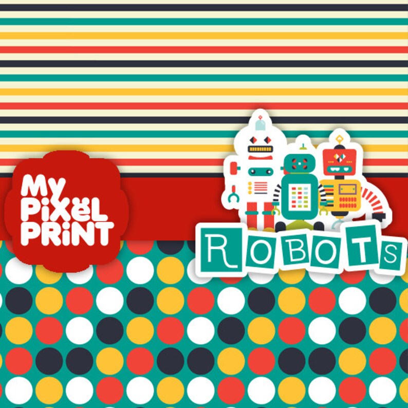 Robots - Blue Yellow Red - Kids - Digital Scrapbooking Paper Pack - My ...