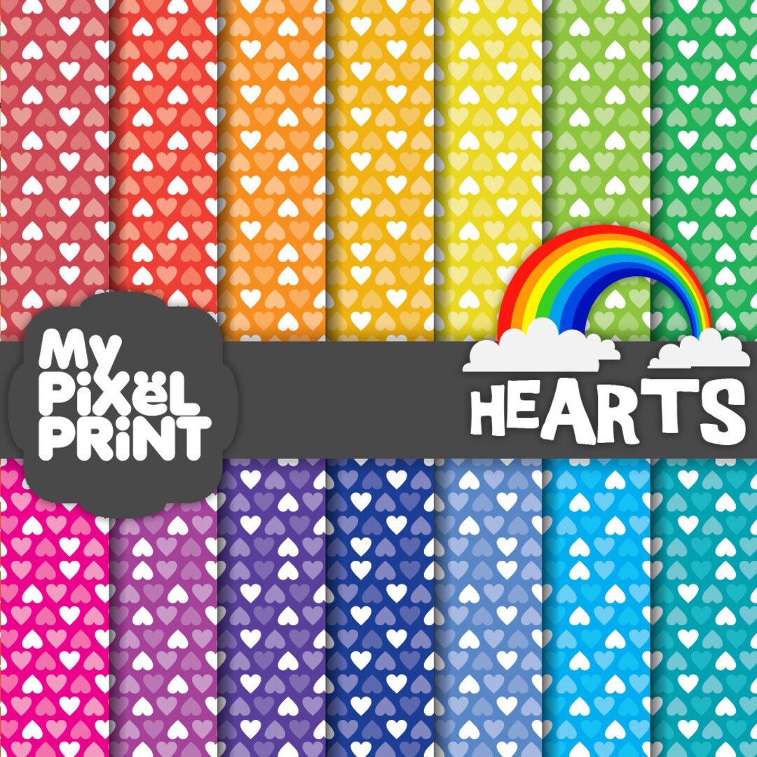 Hearts Rainbow Colors Pattern Digital Scrapbooking Paper Pack My Pixel ...