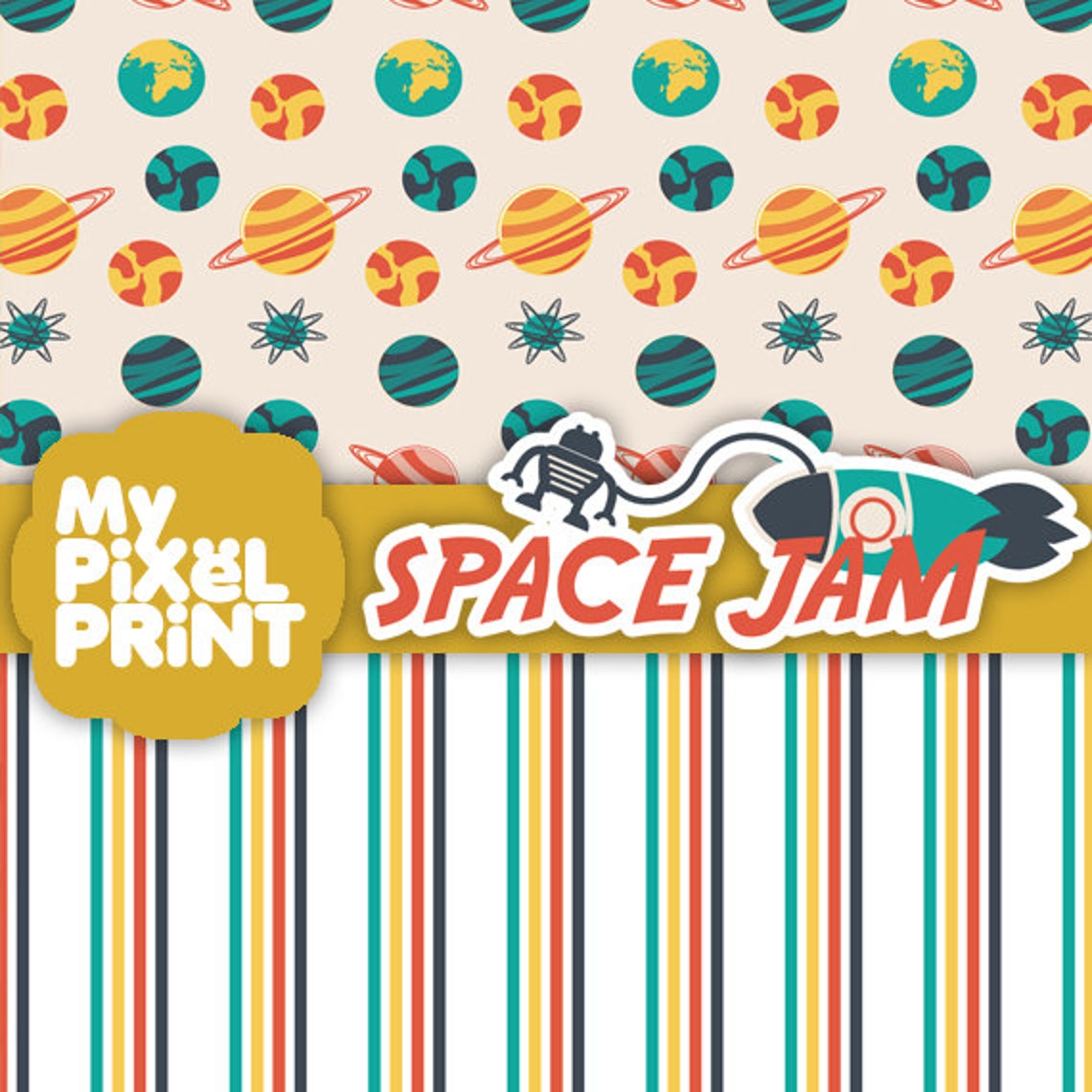 Space Jam - Red Yellow Blue Teal - Astronaut Spaceship Stars Galaxy ...