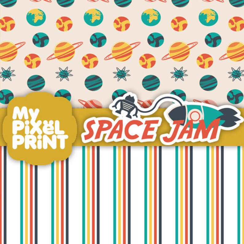 Space Jam - Red Yellow Blue Teal - Astronaut Spaceship Stars Galaxy ...