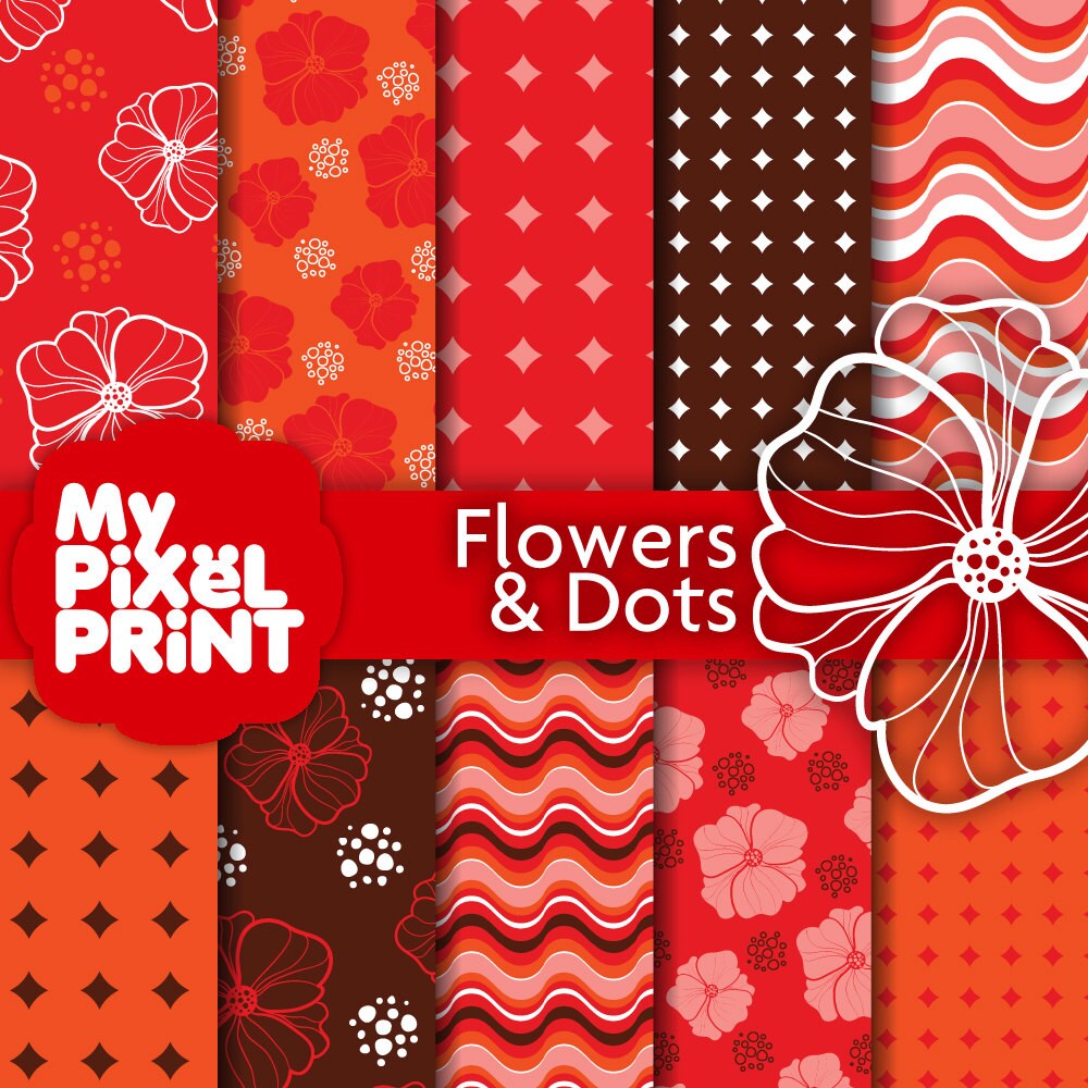 Flowers and Dots Red Orange Brown Nature Pattern Digital Scrapbooking ...