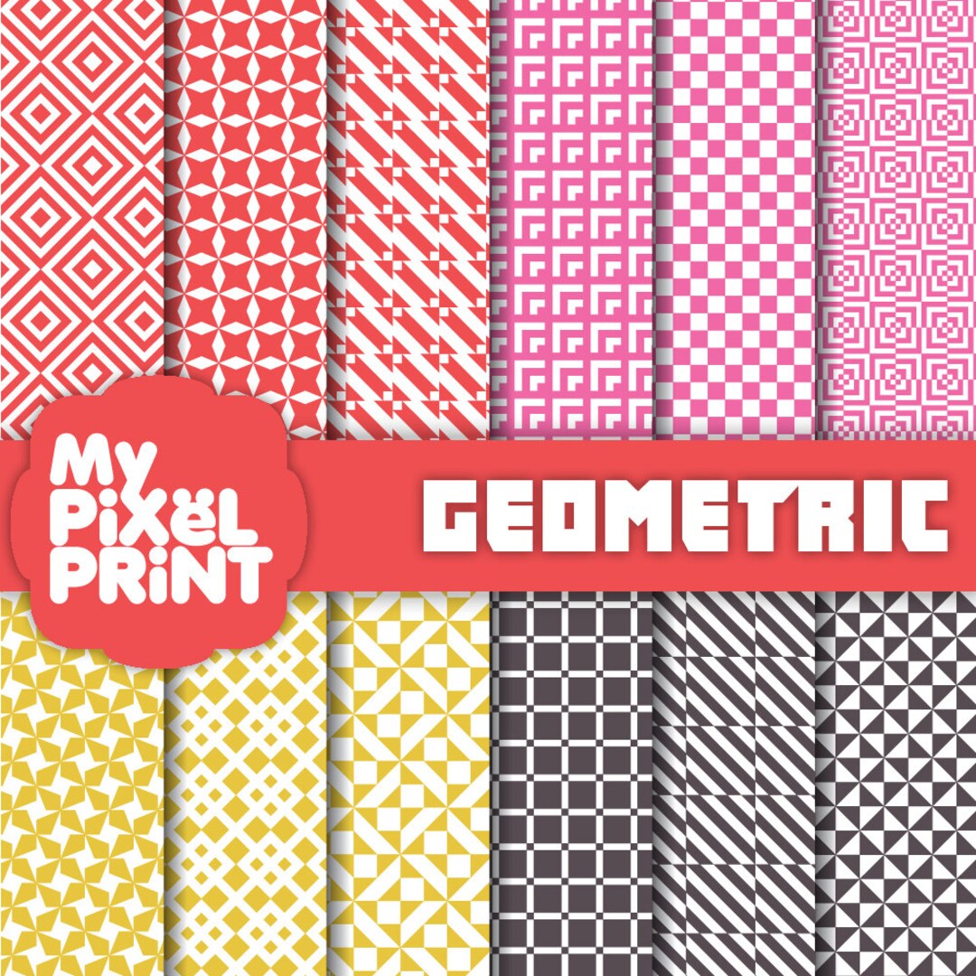 Geometric Pink Red Yellow Pattern Digital Scrapbooking Paper Pack My ...