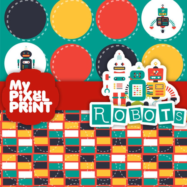 Robots - Blue Yellow Red - Kids - Digital Scrapbooking Paper Pack - My ...