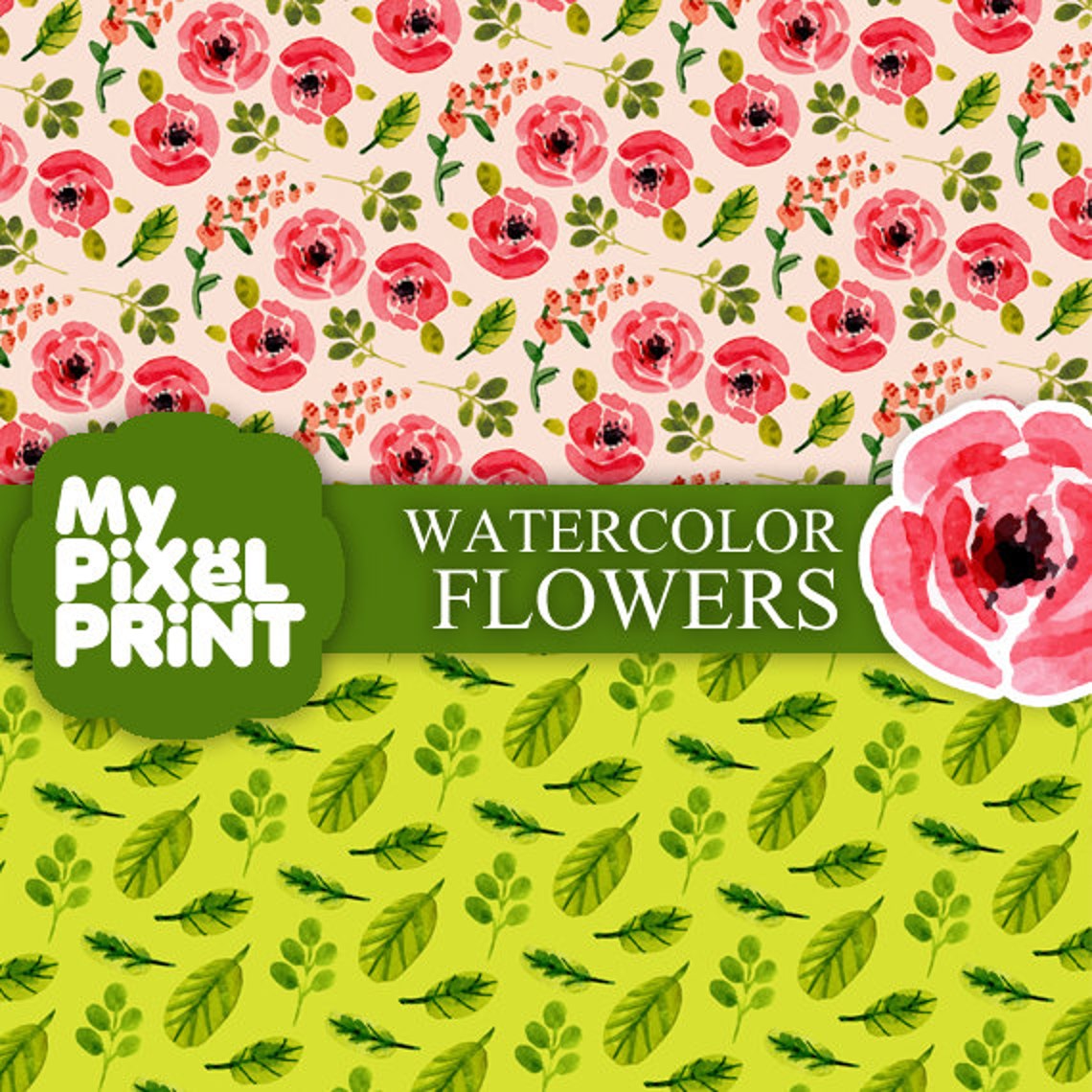 Watercolor Flowers Pink Green Flowers Leaves Nature Spring Blossom Art ...