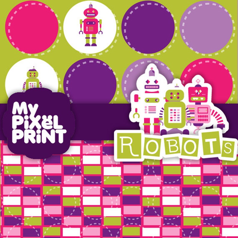 Robots Pink Violet Green Kids Digital Scrapbooking Paper - Etsy