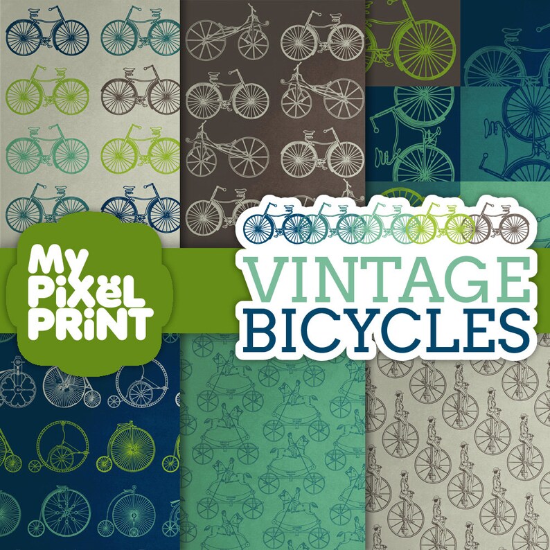 Vintage Bicycles - Blue Green Gray - Ride Monocyle Two Wheeler Wheels ...
