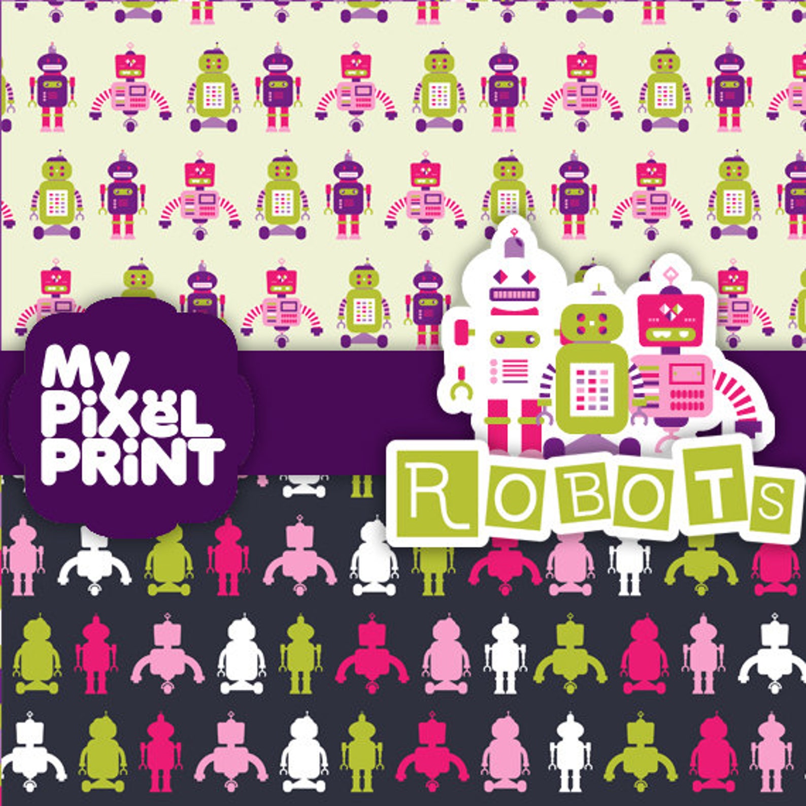 Robots Pink Violet Green Kids Digital Scrapbooking Paper - Etsy