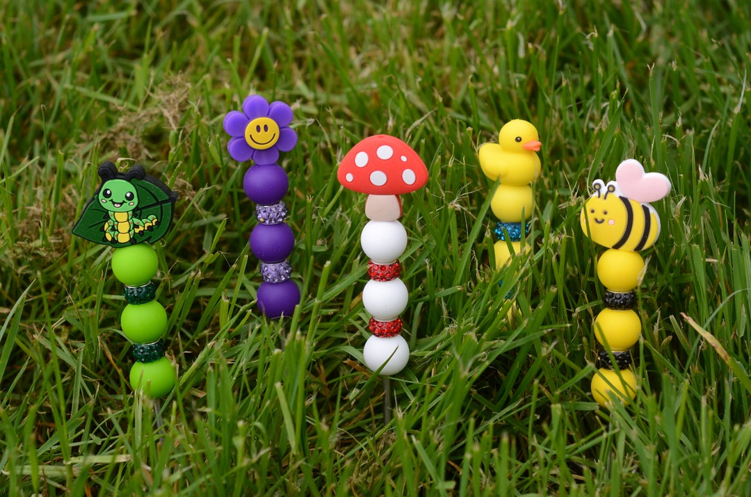 Small Garden Stake / Silicone Bead and Crystals/ Yard Decor / Pot ...