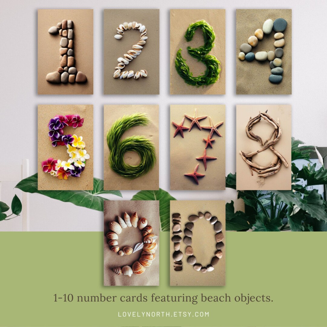 1- 10 Number Cards Various Beach Loose Parts on Sand, Montessori ...