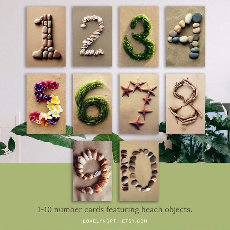 1- 10 Number Cards Various Beach Loose Parts on Sand, Montessori ...