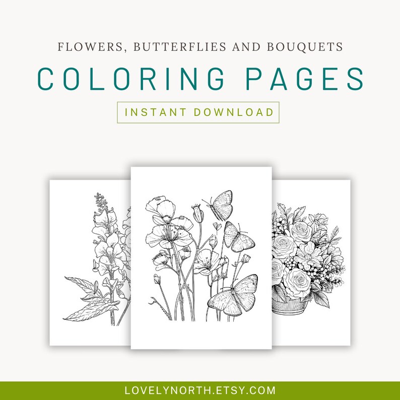 50 Adult Botanical Coloring Pages, Flowers, Butterflies, Bouquet - Etsy