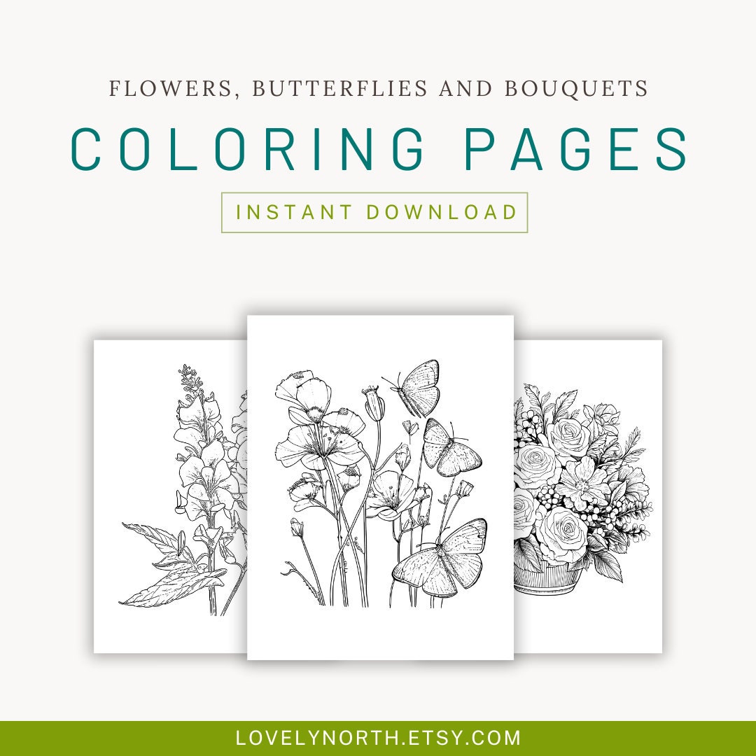 50 Adult Botanical Coloring Pages, Flowers, Butterflies, Bouquet - Etsy