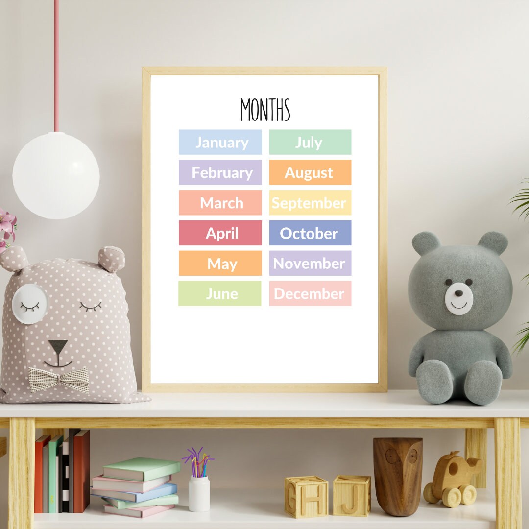 Days of the Week and Months Poster Set, Educational Art, Rainbow ...