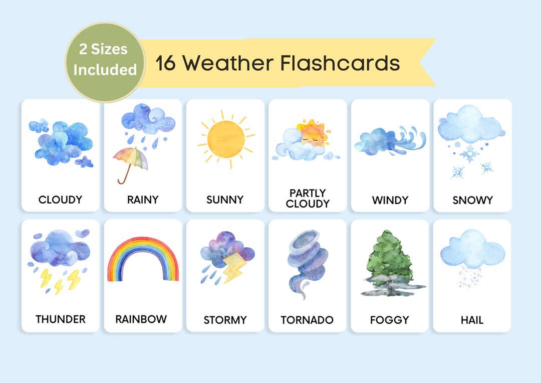 WEATHER FLASHCARDS, 16 Montessori Weather Cards, Flash Cards ...