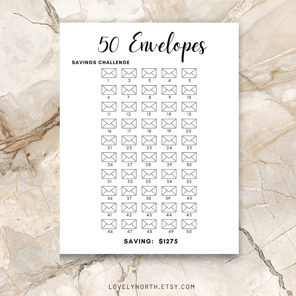 50 Envelope Challenge Printable, Minimalist Style, Money Savings ...
