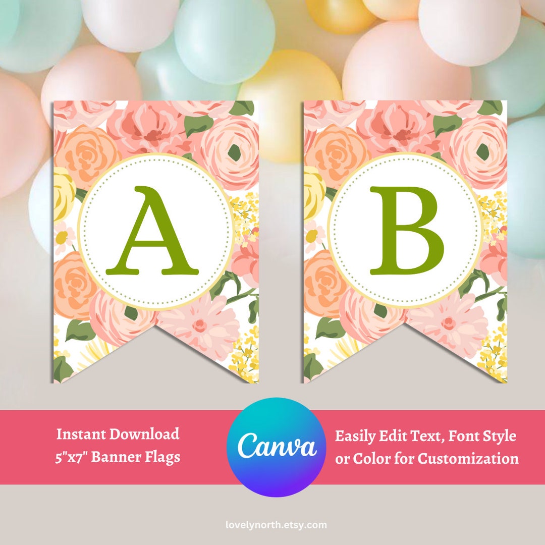 Editable Pink Yellow Floral Banner, Birthday Banner Template, Printable ...