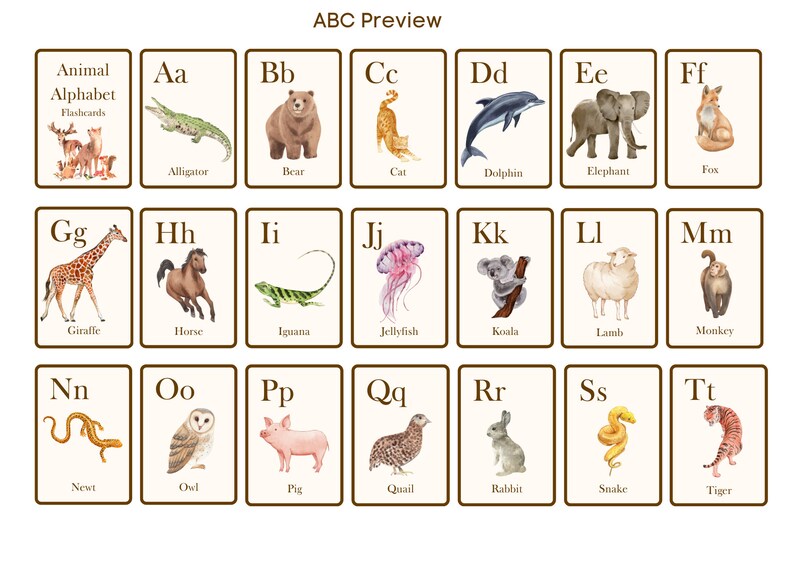 Animals ABC Flashcards, Animal Alphabet, 2 Sets (brown Border/beige ...
