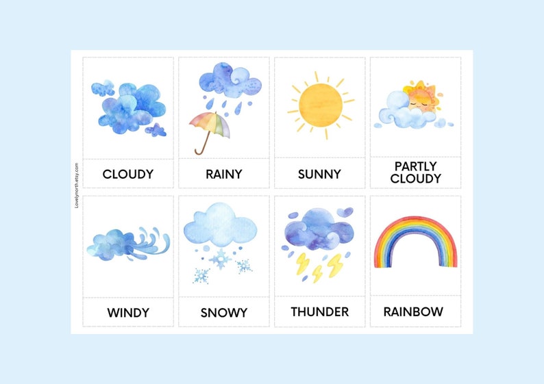 WEATHER FLASHCARDS, 16 Montessori Weather Cards, Flash Cards ...