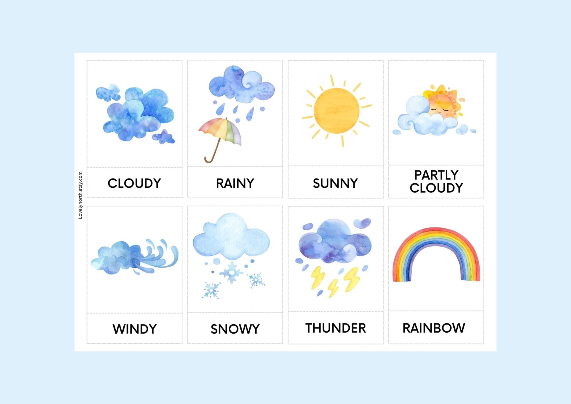 WEATHER FLASHCARDS, 16 Montessori Weather Cards, Flash Cards ...