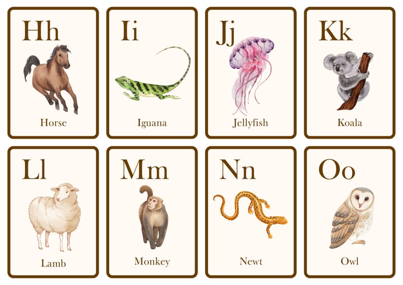Animals ABC Flashcards, Animal Alphabet, 2 Sets (brown Border/beige ...