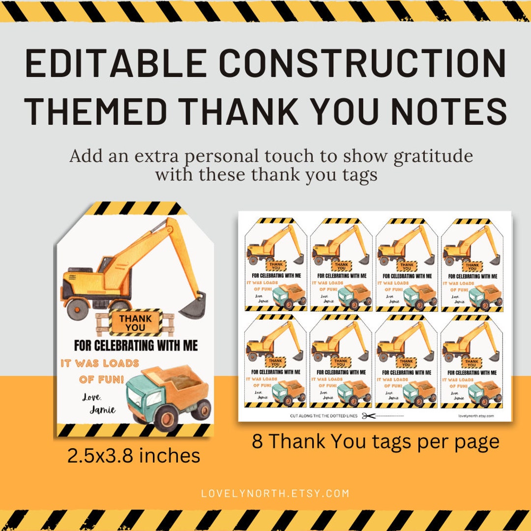 Editable Construction Birthday Party Tags, Construction Theme Favor ...