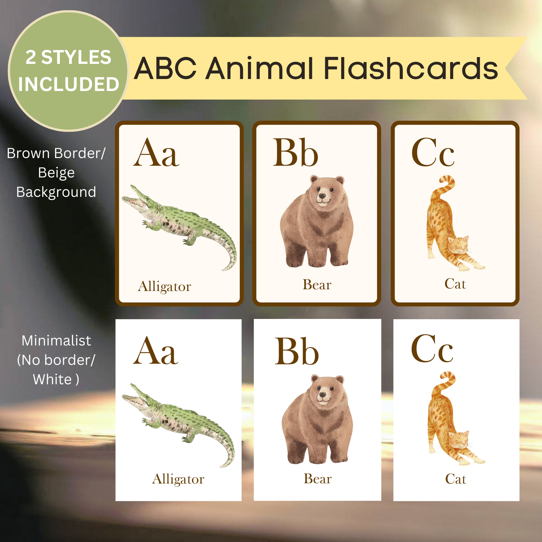Animals ABC Flashcards, Animal Alphabet, 2 Sets (brown Border/beige ...
