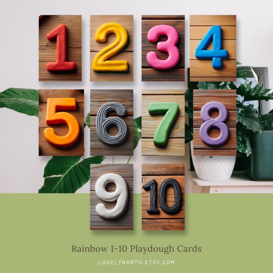 1- 10 Playdough Number Cards on Wood, Rainbow Colors (no Duplicate ...