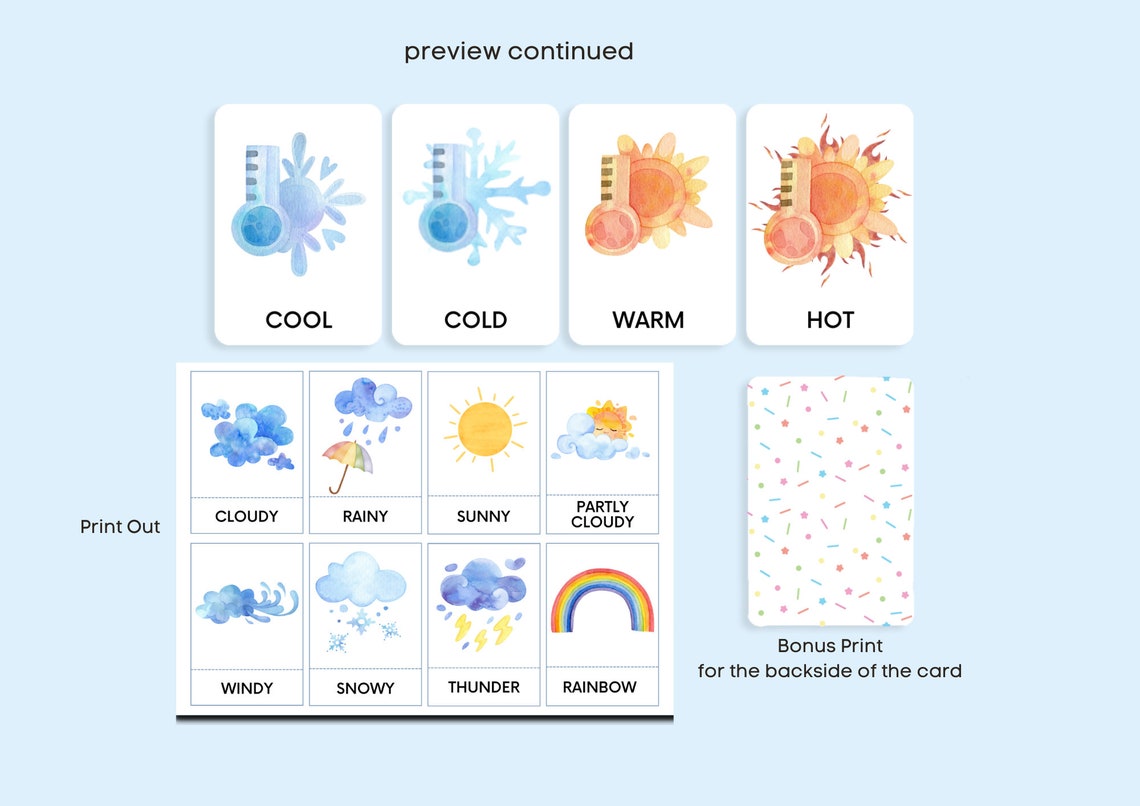 WEATHER FLASHCARDS, 16 Montessori Weather Cards, Flash Cards ...