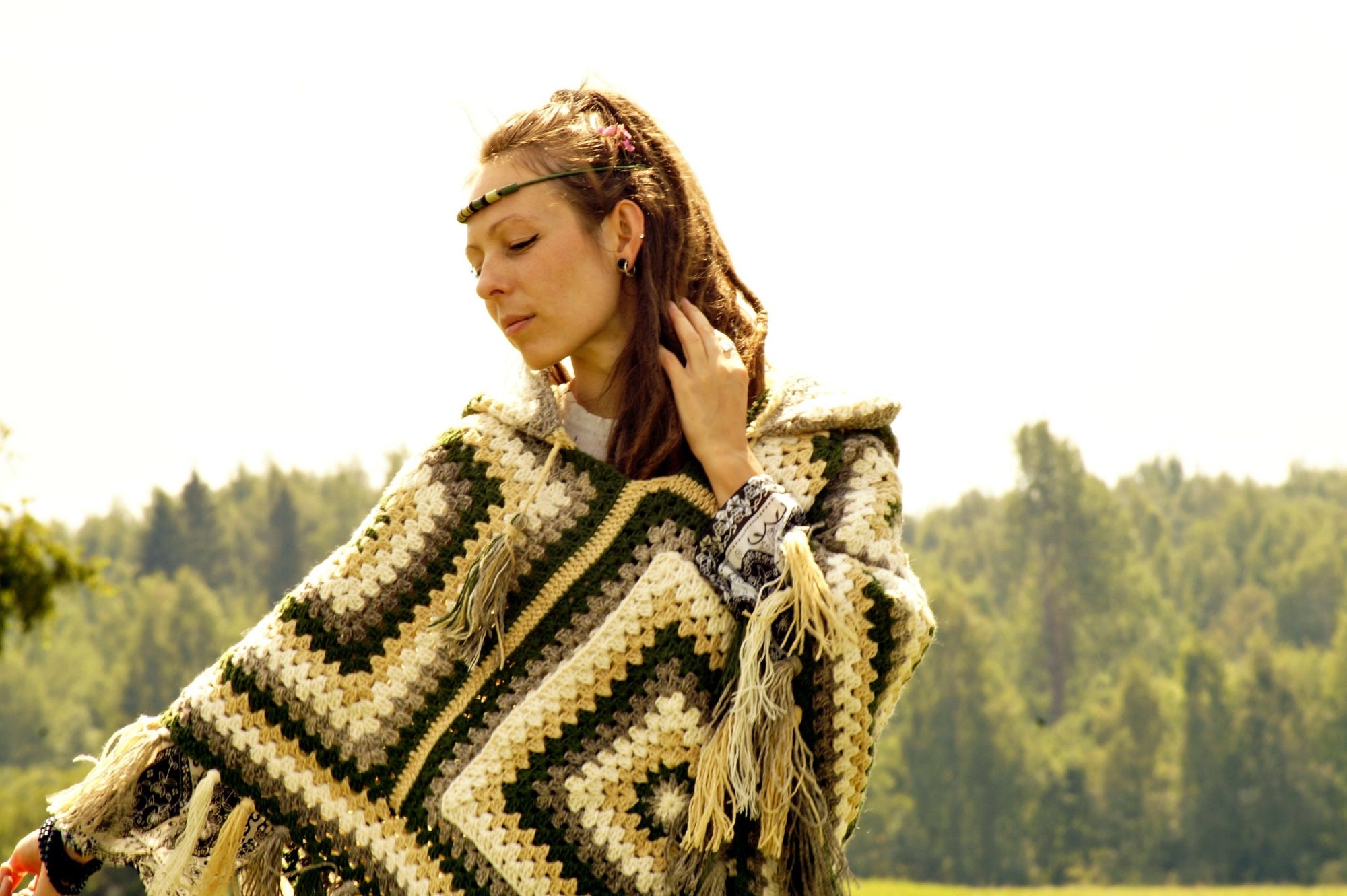 Hand Knitted 100% Wool Poncho Autumn Leafs, Boho Top, Knit Poncho Fairy ...