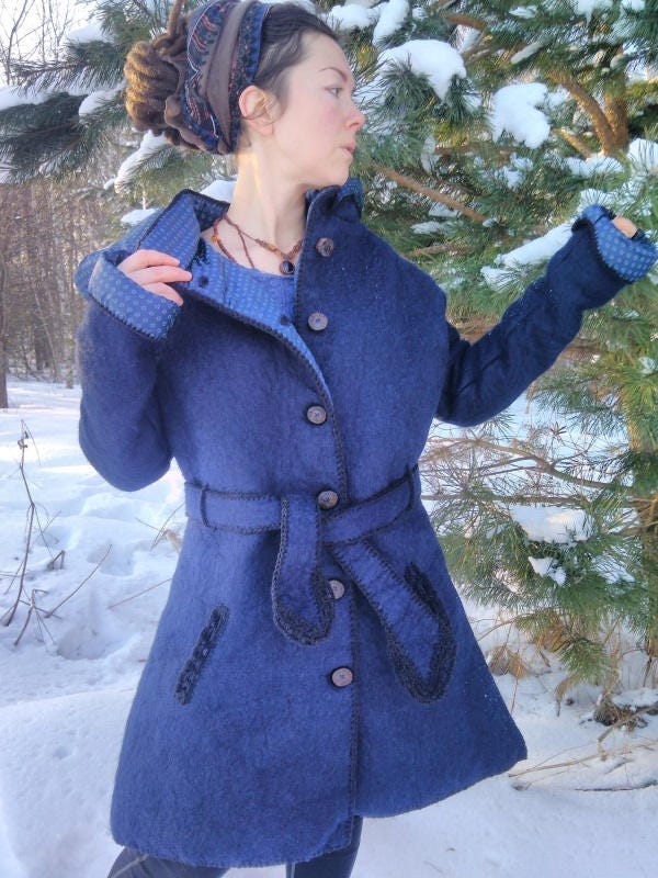 Wool Felt Woman Coat, Hand Made Winter Coat, Boho Coat With Big Hood ...