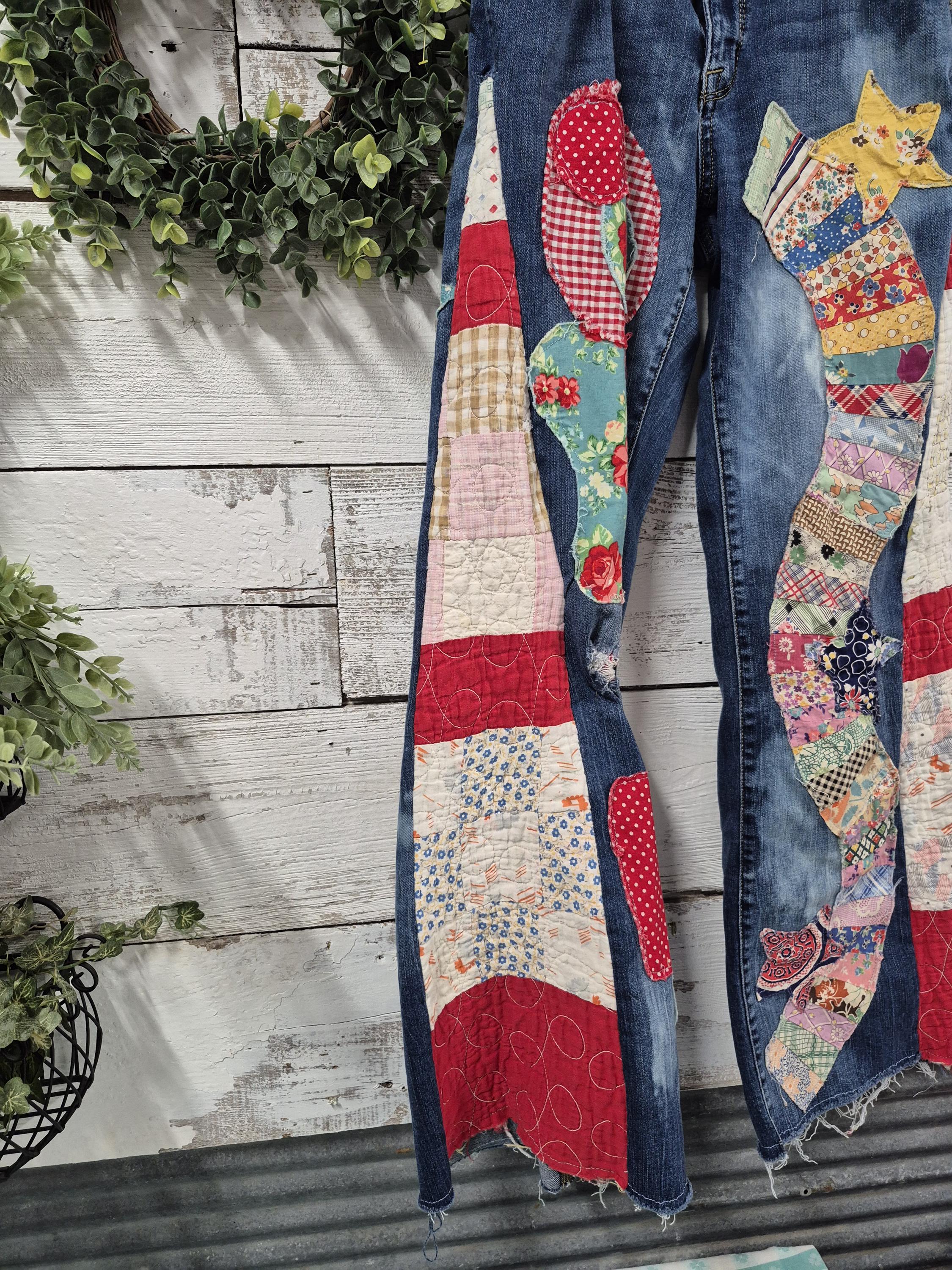Upcycled Vintage Quilt Panel Barrel Leg Art Jeans Massimo Mid Rise 10R ...